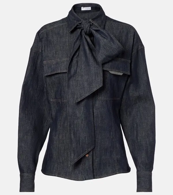 Brunello Cucinelli Bow-tie Cotton Blouse - Blue