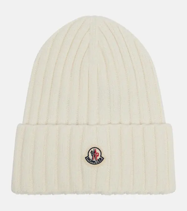Moncler Logo Virgin Wool Beanie - White