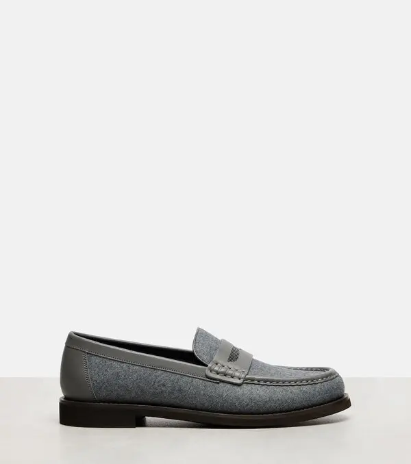 Brunello Cucinelli Monili Leather-trimmed Loafers - Grey
