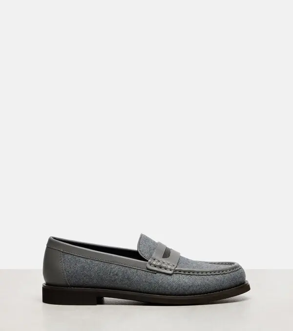 Brunello Cucinelli Monili Leather-trimmed Loafers - Grey