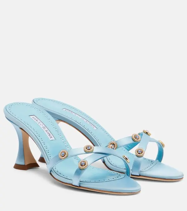 Manolo Blahnik Pyrenea Embellished Satin Mules - Blue