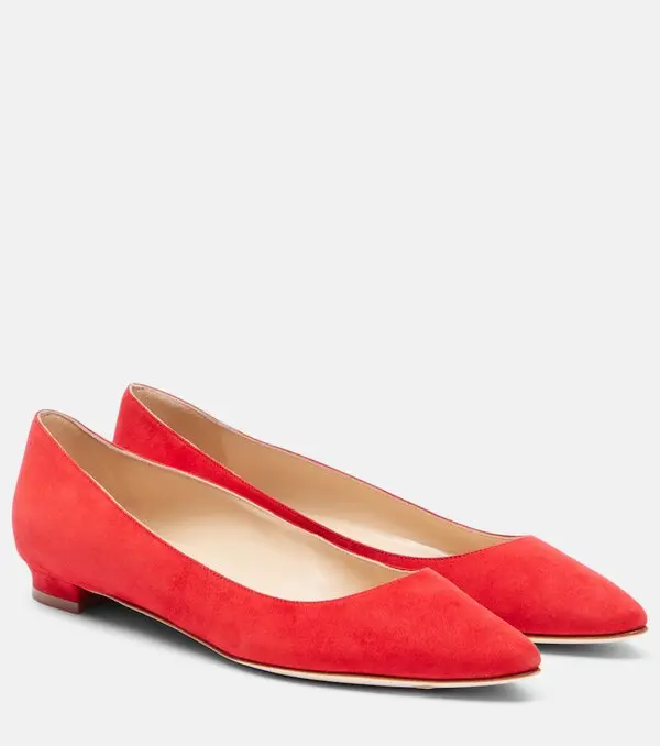 Manolo Blahnik Bb Suede Pointed Toe Ballet Flats - Red