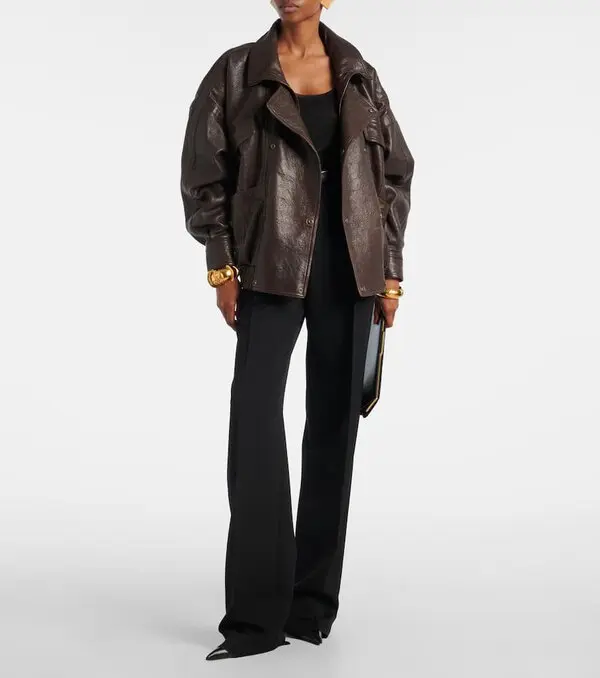 Saint Laurent Leather Bomber Jacket - Brown