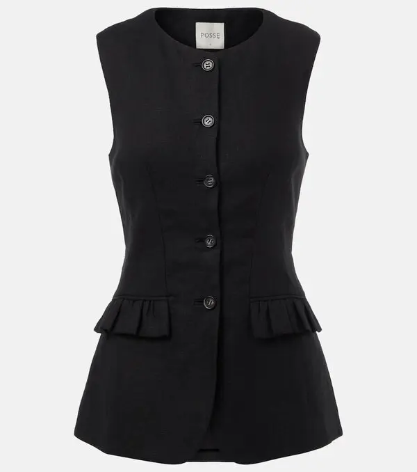 Posse Matilda Ruffled Linen Vest - Black