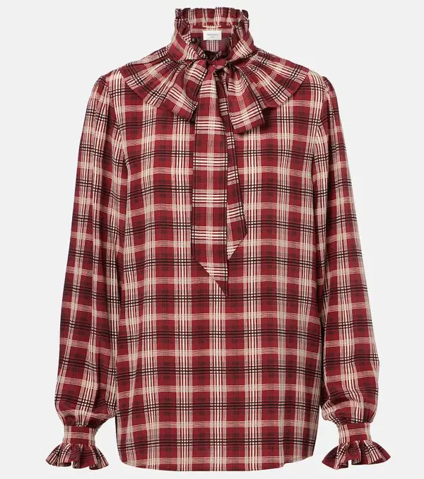 Saint Laurent Checked Silk Blouse - Red