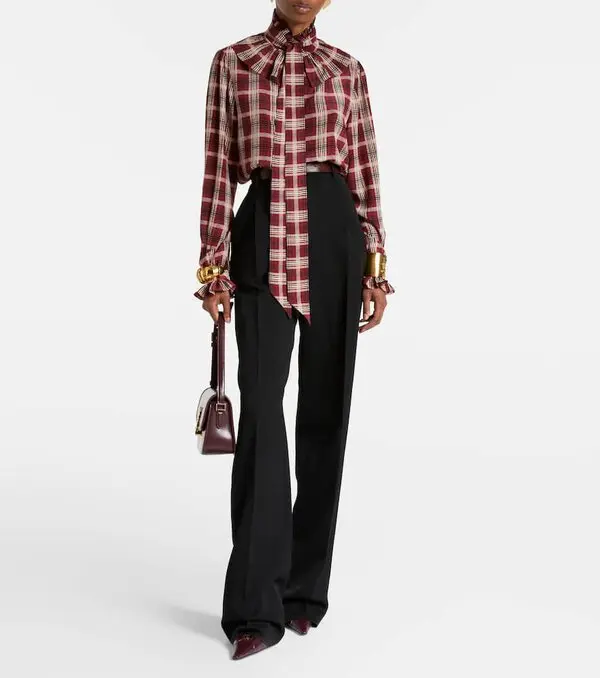 Saint Laurent Checked Silk Blouse - Red