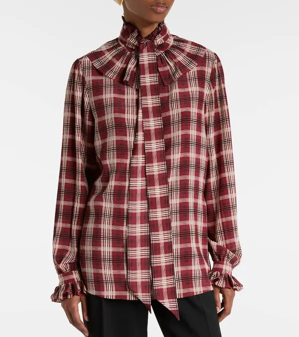 Saint Laurent Checked Silk Blouse - Red