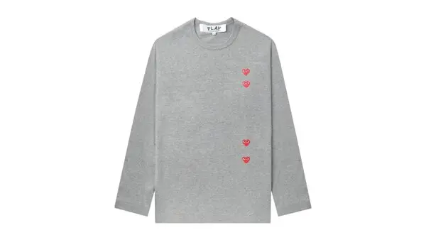 Play Comme Des Garcon Vertical 4 Heart Long Sleeve Tee - Grey