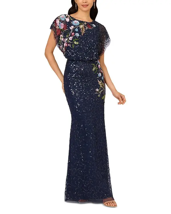 Adrianna Papell Women's Beaded Mesh Column Gown In Black Gold