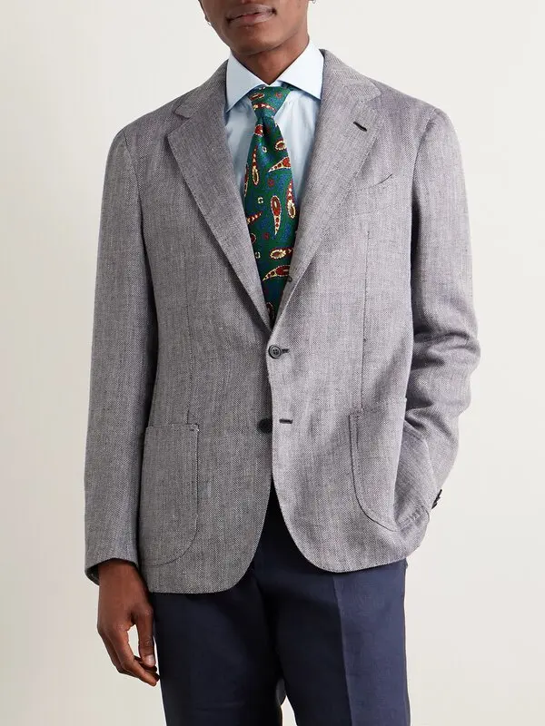 J. MUESER Waverly Herringbone Linen And Wool-blend Blazer - Blue