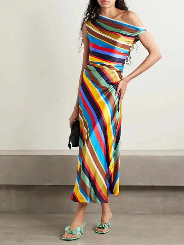 Staud Phare Draped Striped Silk-blend Midi Dress