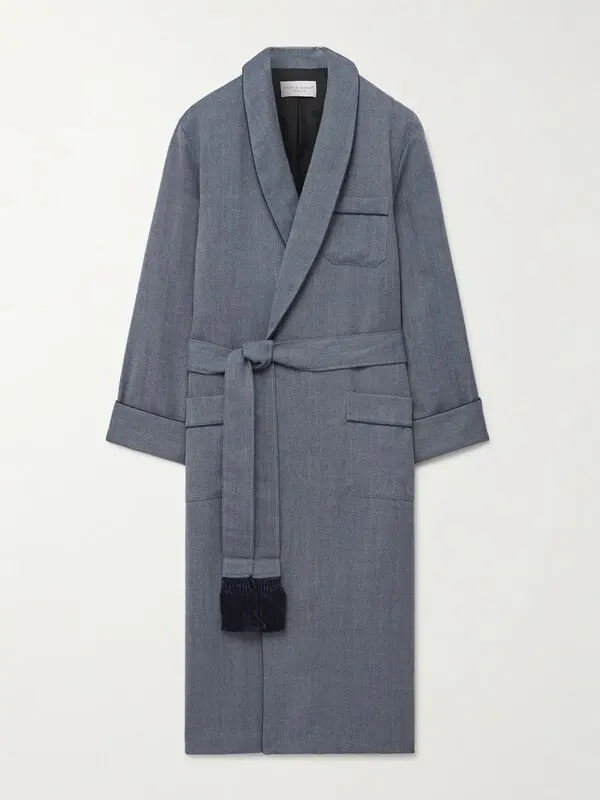Derek Rose Lincoln 11 Belted Herringbone Wool Robe - Blue
