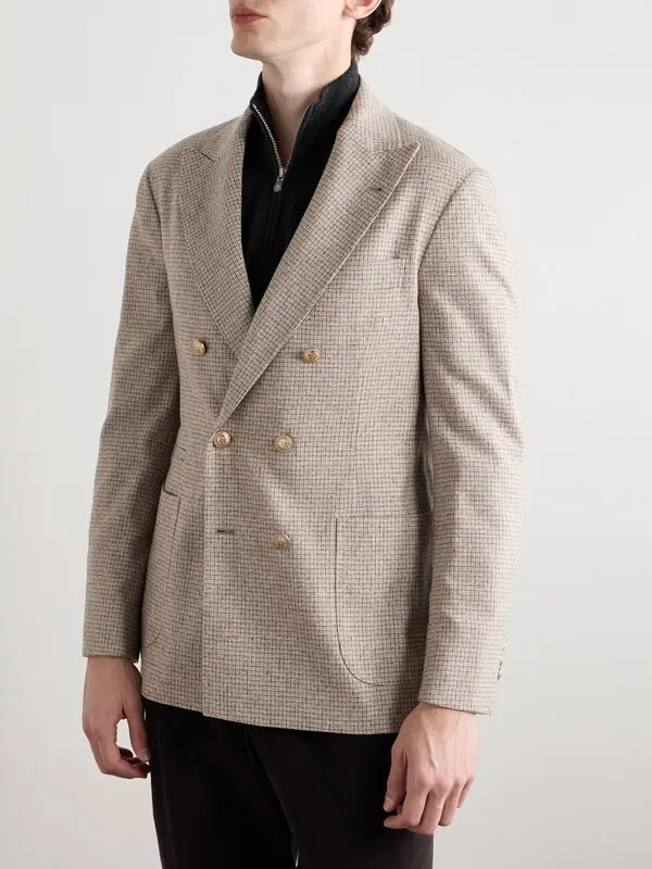 Brunello Cucinelli Double-breasted Checked Silk, Wool And Cashmere-blend Blazer