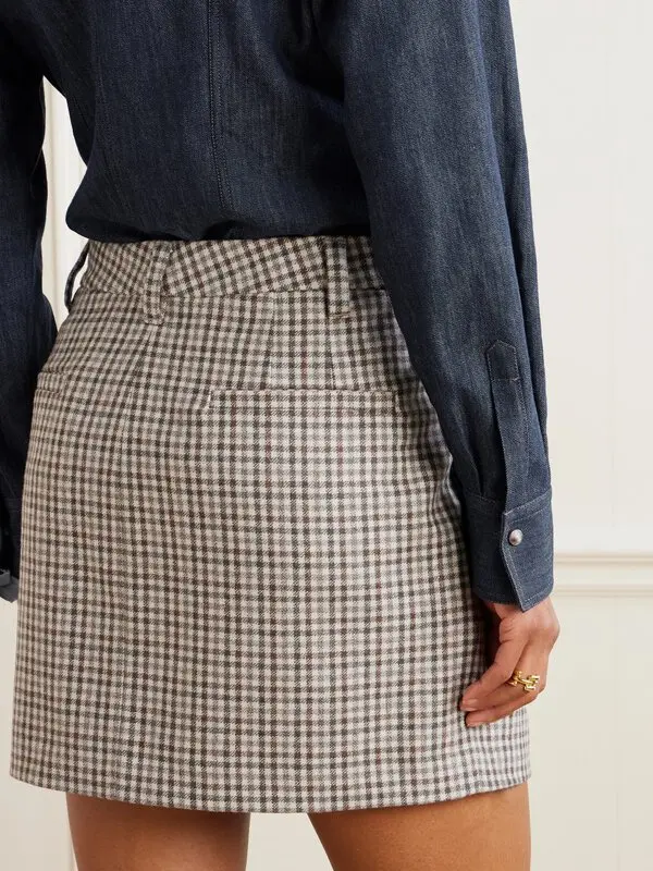 Brunello Cucinelli Pleated Checked Wool Mini Skirt - Neutrals