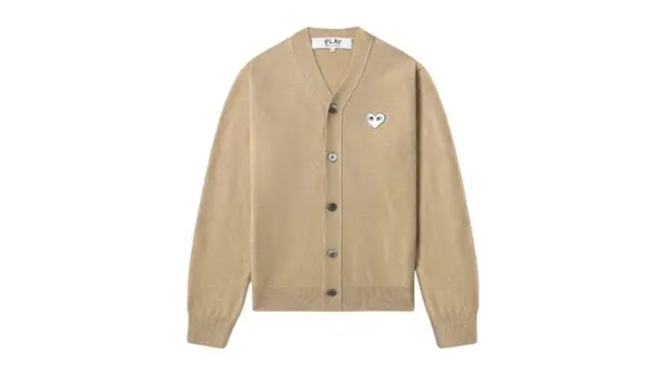 Play Comme Des Garcon White Heart V-neck Cardigan Sweater - Beige
