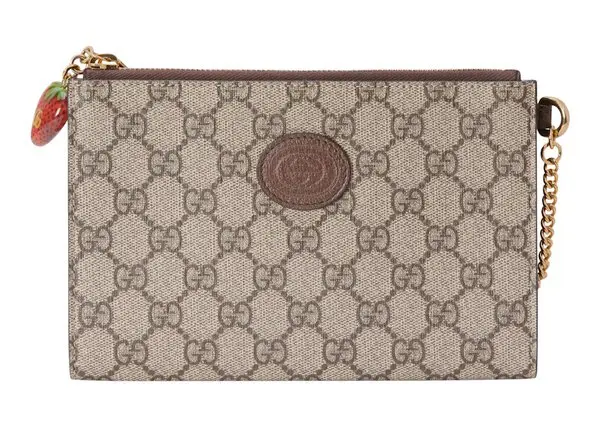 Gucci Double G Strawberry Wrist Wallet Gg Supreme - Beige/ebony