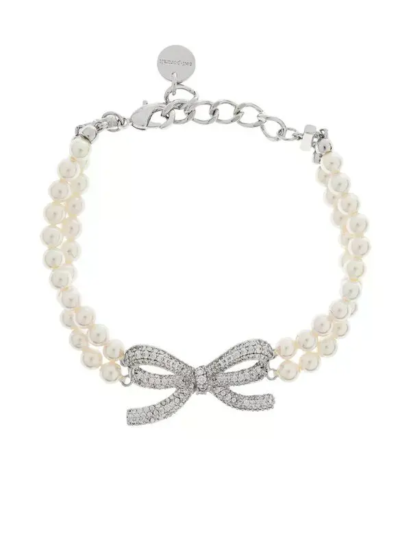 SELF-PORTRAIT Crystal-embellished Bow Faux Pearl Bracelet - Silver