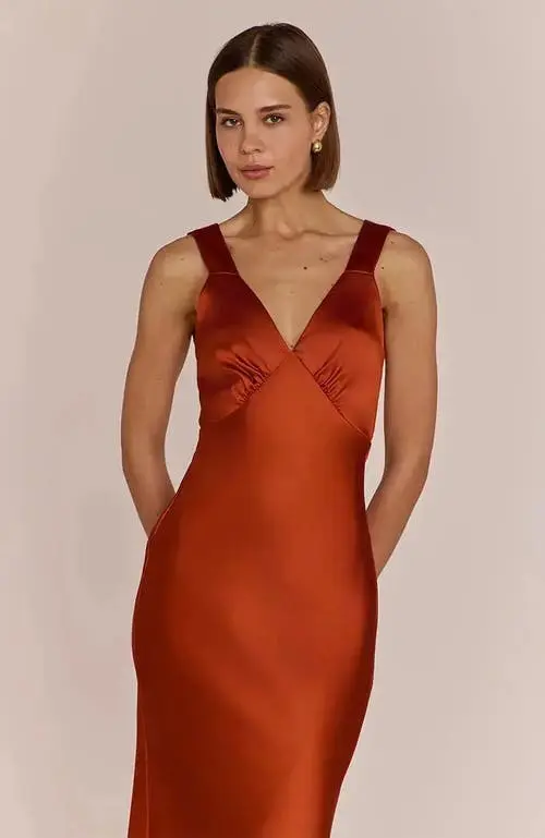 Rewritten Amelia V-Neck Dress In Burnt Orange - 10% Off | Editorialist