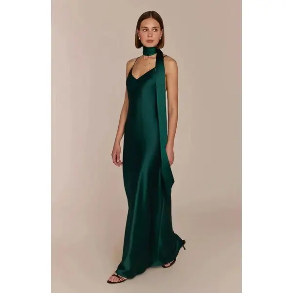 REWRITTEN Brooklyn Slip Dress With Detachable Sash - Forest Green