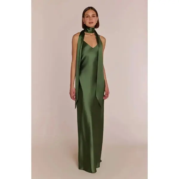 REWRITTEN Brooklyn Slip Dress With Detachable Sash - Olive Green