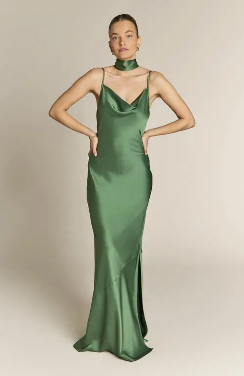 REWRITTEN Pollenca Cowl Neck Maxi Dress With Detachable Sash - Olive