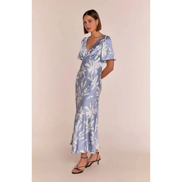 REWRITTEN Ellis V-neck Dress - Blue Lily Print