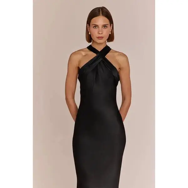 REWRITTEN Roma Halter Neck Maxi Dress With Tie Detail - Black