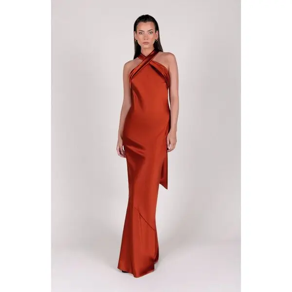 REWRITTEN Roma Halter Neck Maxi Dress With Tie Detail - Burnt Orange