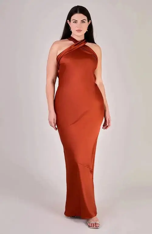 REWRITTEN Roma Halter Neck Maxi Dress With Tie Detail - Burnt Orange