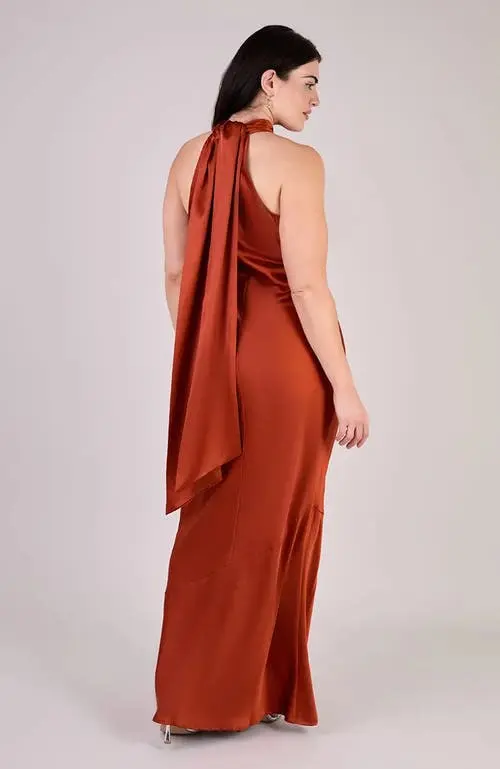 REWRITTEN Roma Halter Neck Maxi Dress With Tie Detail - Burnt Orange