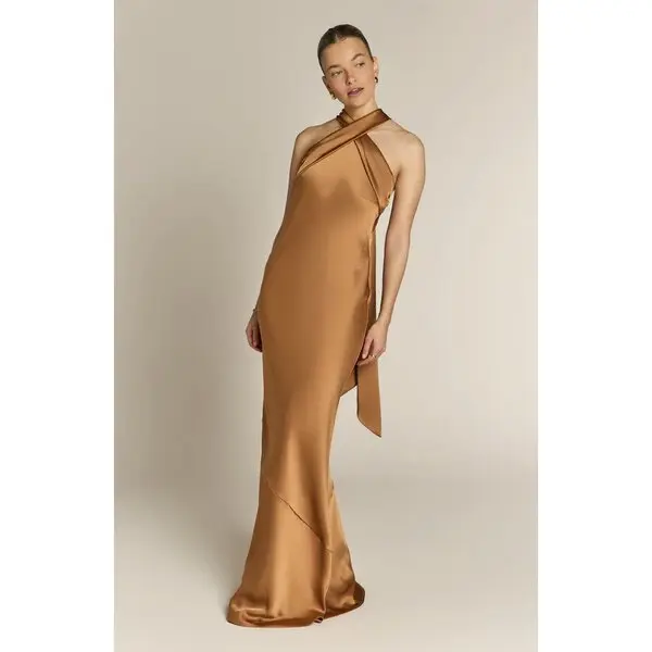 REWRITTEN Roma Halter Neck Maxi Dress With Tie Detail - Caramel