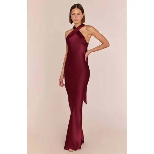 REWRITTEN Roma Halter Neck Maxi Dress With Tie Detail - Chianti
