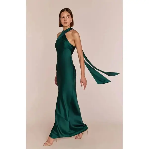 REWRITTEN Roma Halter Neck Maxi Dress With Tie Detail - Forest Green