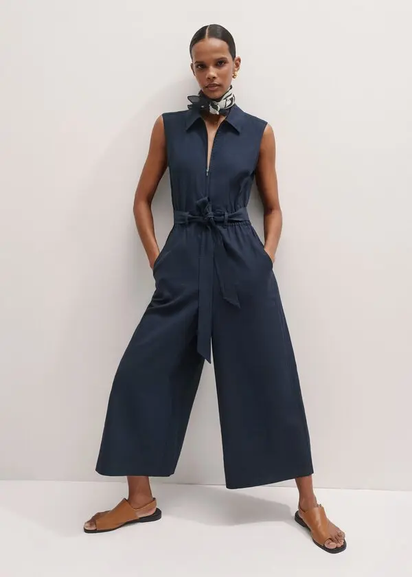 ME+EM Crease-less Linen Sleeveless Jumpsuit With Belt - Navy