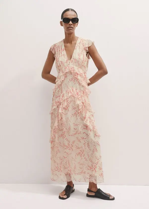 ME+EM Silk Lily Of The Valley Print Maxi Dress With Bandeau - Vanilla/red/multi