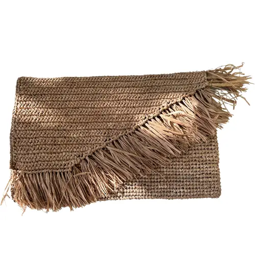 ZANATANY CONCEPTS Raffia Pouch With Fringe Detailing - Caramel