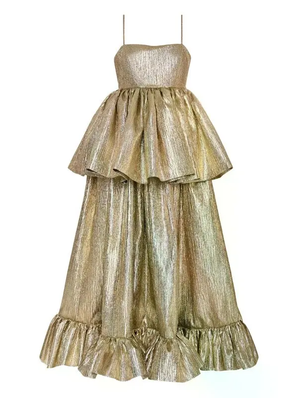 gold tiered maxi dress Lyra Yellow Halter Neck Maxi Dress - US 8