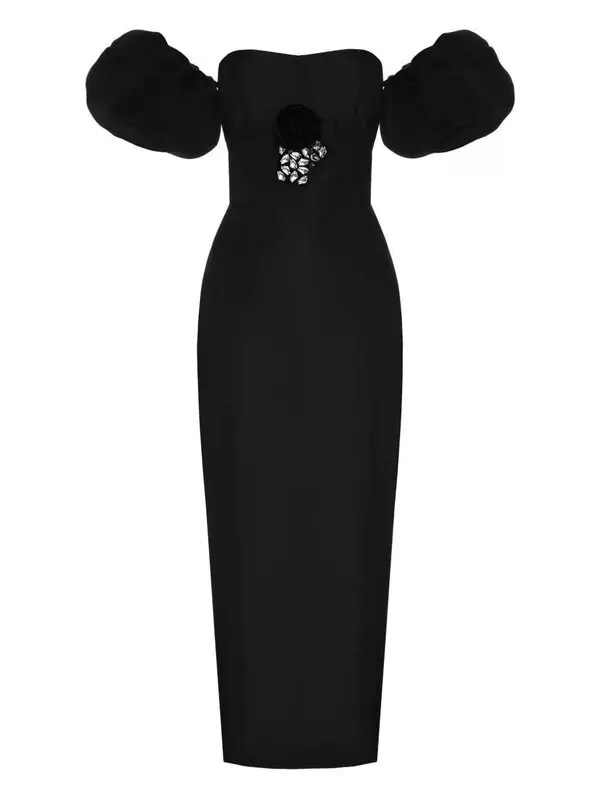 Anouki Off-The-Shoulder Puff-Sleeve Midi Dress In Black - 50% Off |  Editorialist
