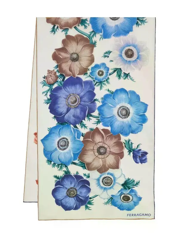 FERRAGAMO Anemone-print Silk Scarf - Blue