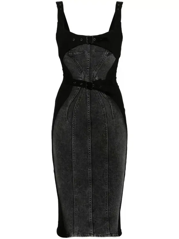 MUGLER Panelled Denim Midi Dress - Black