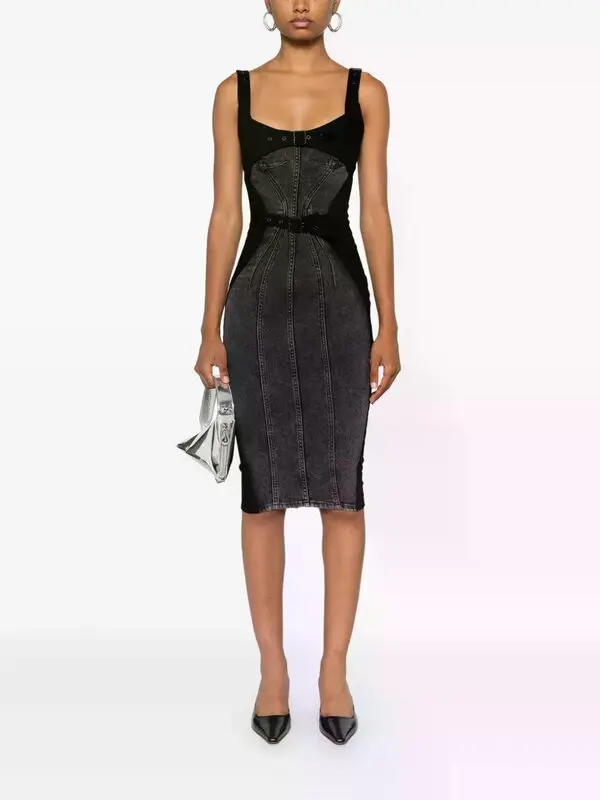MUGLER Panelled Denim Midi Dress - Black