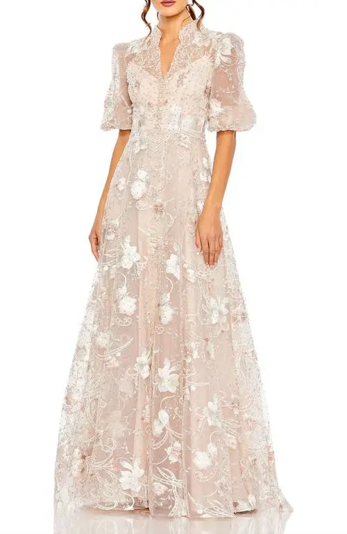 Mac Duggal Queen Anne Puff Sleeve A-line Gown - Blush