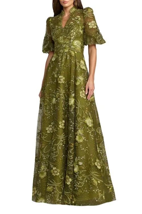 Mac Duggal Queen Anne Puff Sleeve A-line Gown - Olive