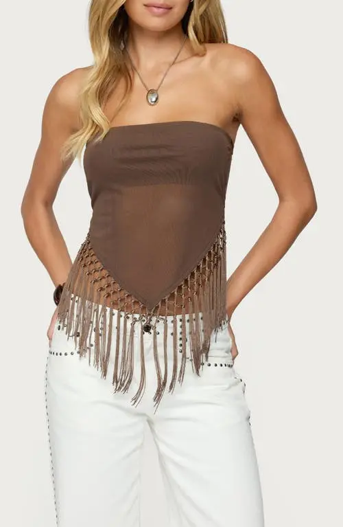 EDIKTED Fringe Hem Mesh Tube Top - Brown