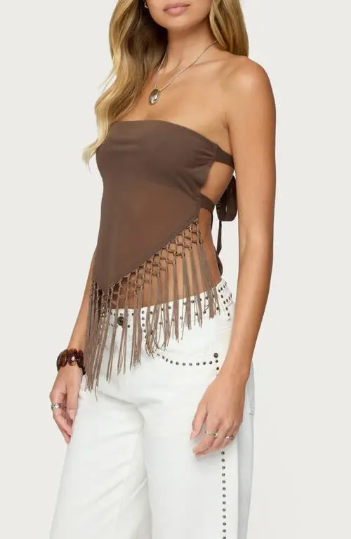 EDIKTED Fringe Hem Mesh Tube Top - Brown