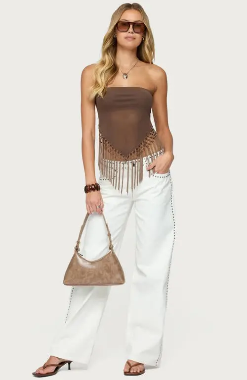 EDIKTED Fringe Hem Mesh Tube Top - Brown