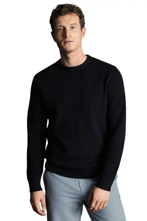 CHARLES TYRWHITT Cotton Rib Crew Neck Sweater - Navy Blue