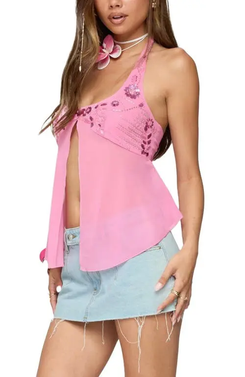 EDIKTED Floral Sequin Chiffon Halter Top - Pink