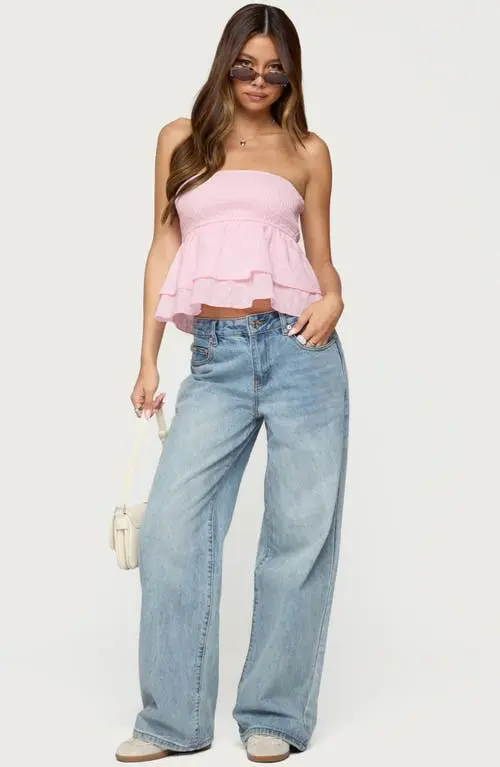 EDIKTED Toria Ruffled Eyelet Strapless Top - Light-pink