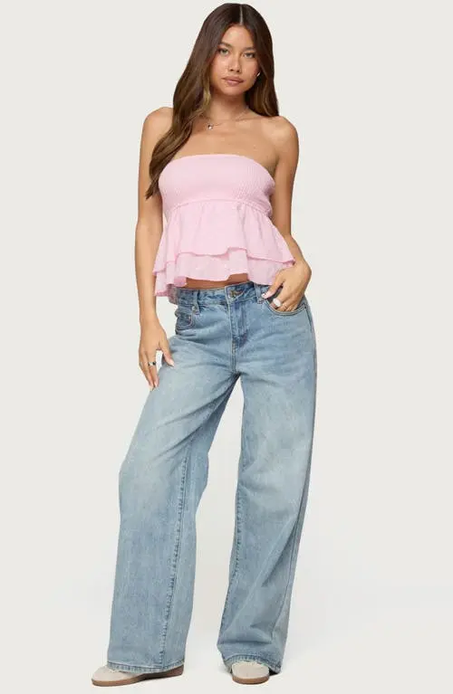 EDIKTED Toria Ruffled Eyelet Strapless Top - Light-pink